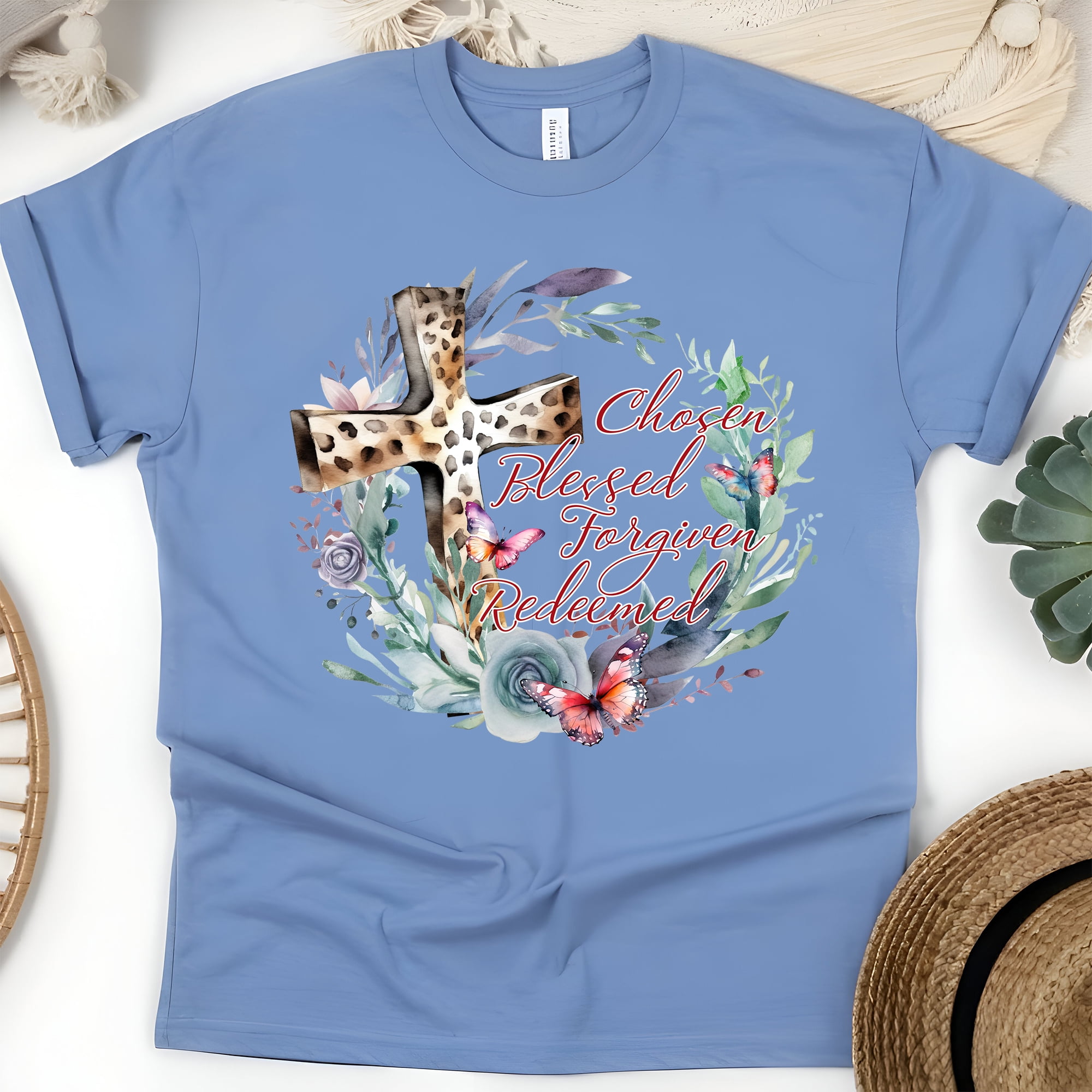 Chosen Blessed Forgiven Redeemed T-Shirt for Women, Christian Cross Tee ...