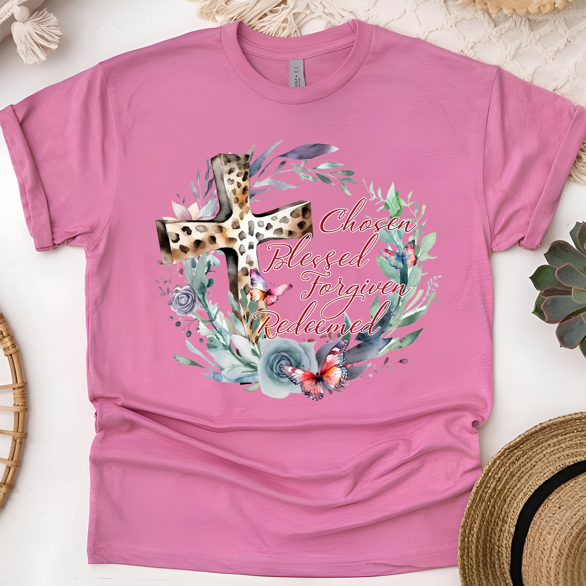 Chosen Blessed Forgiven Redeemed T-Shirt for Women, Christian Cross Tee ...