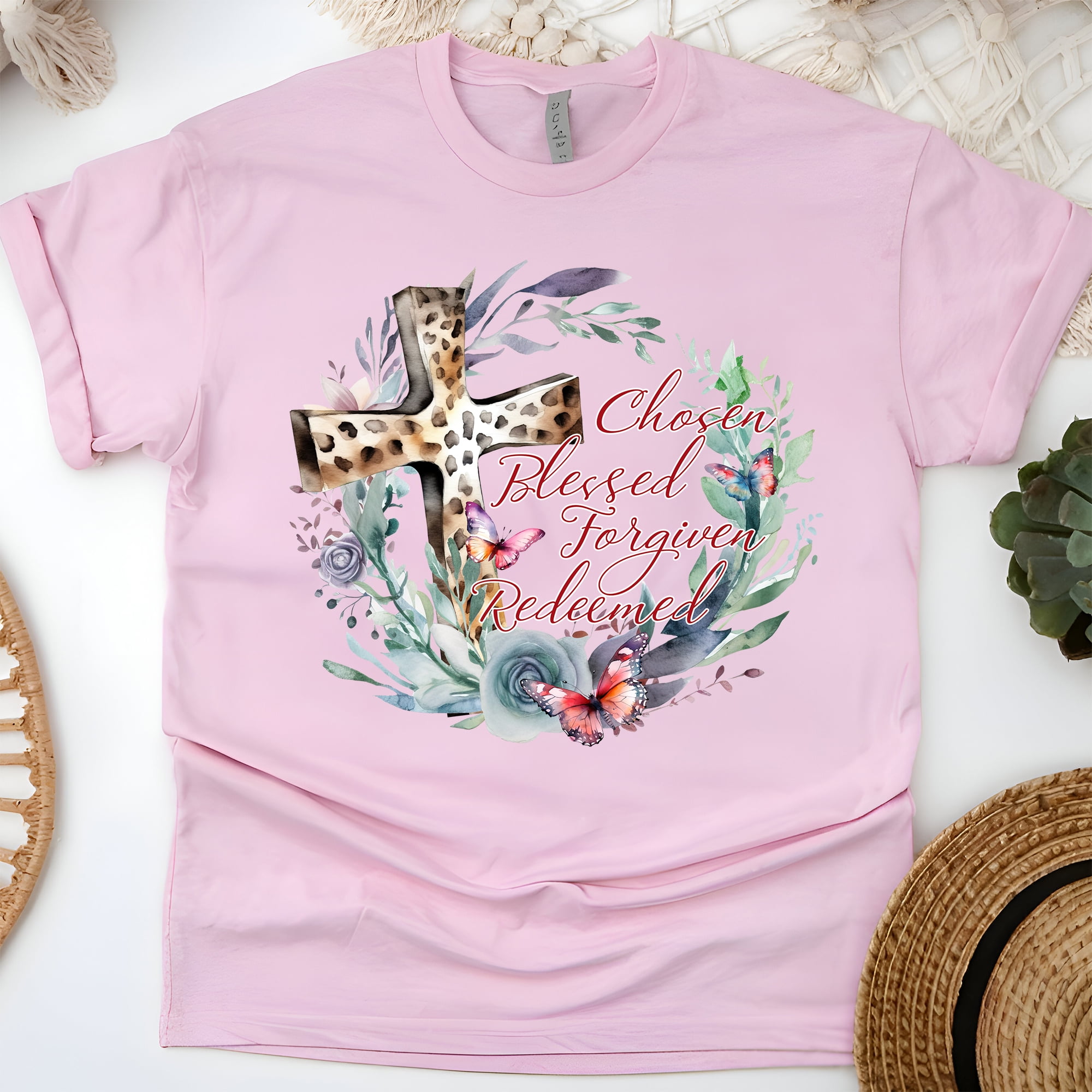 Chosen Blessed Forgiven Redeemed T-Shirt for Women, Christian Cross Tee ...
