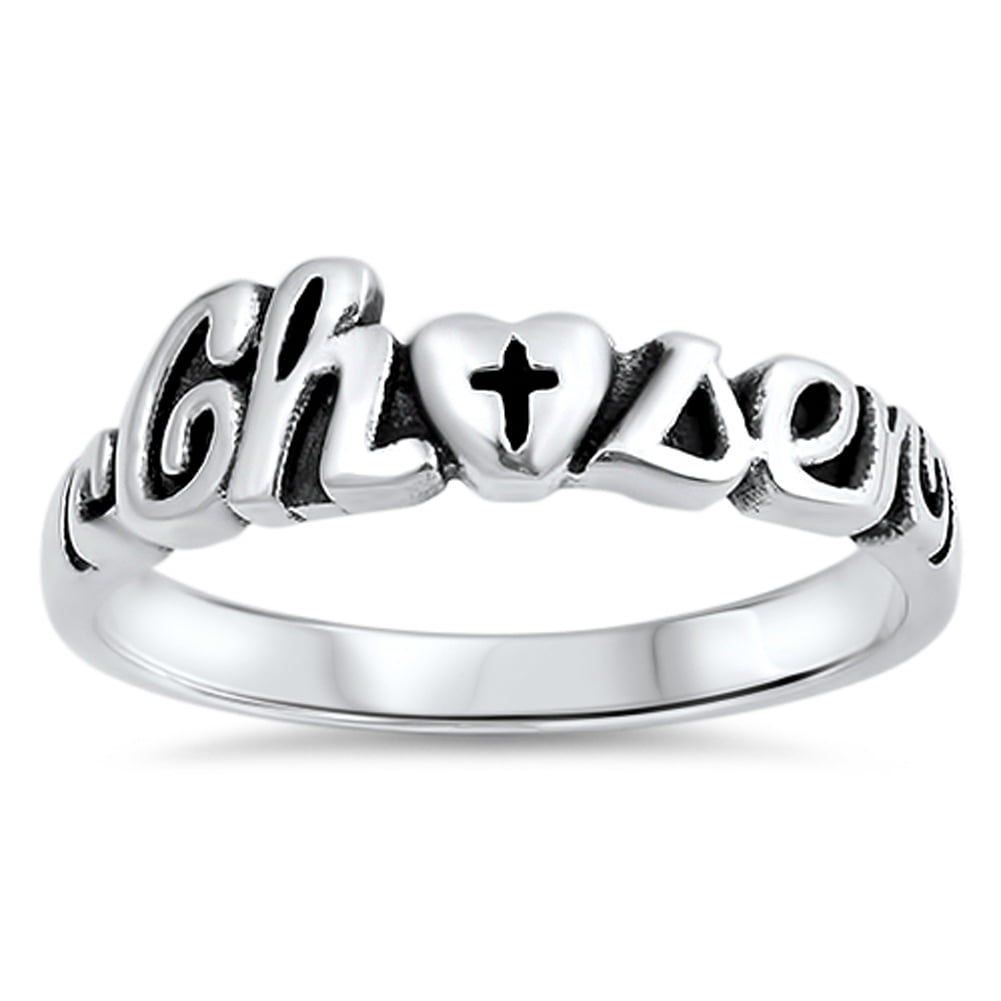Chosen Heart Cross Cursive Word Oxidized Ring Sterling Silver Band 925 ...