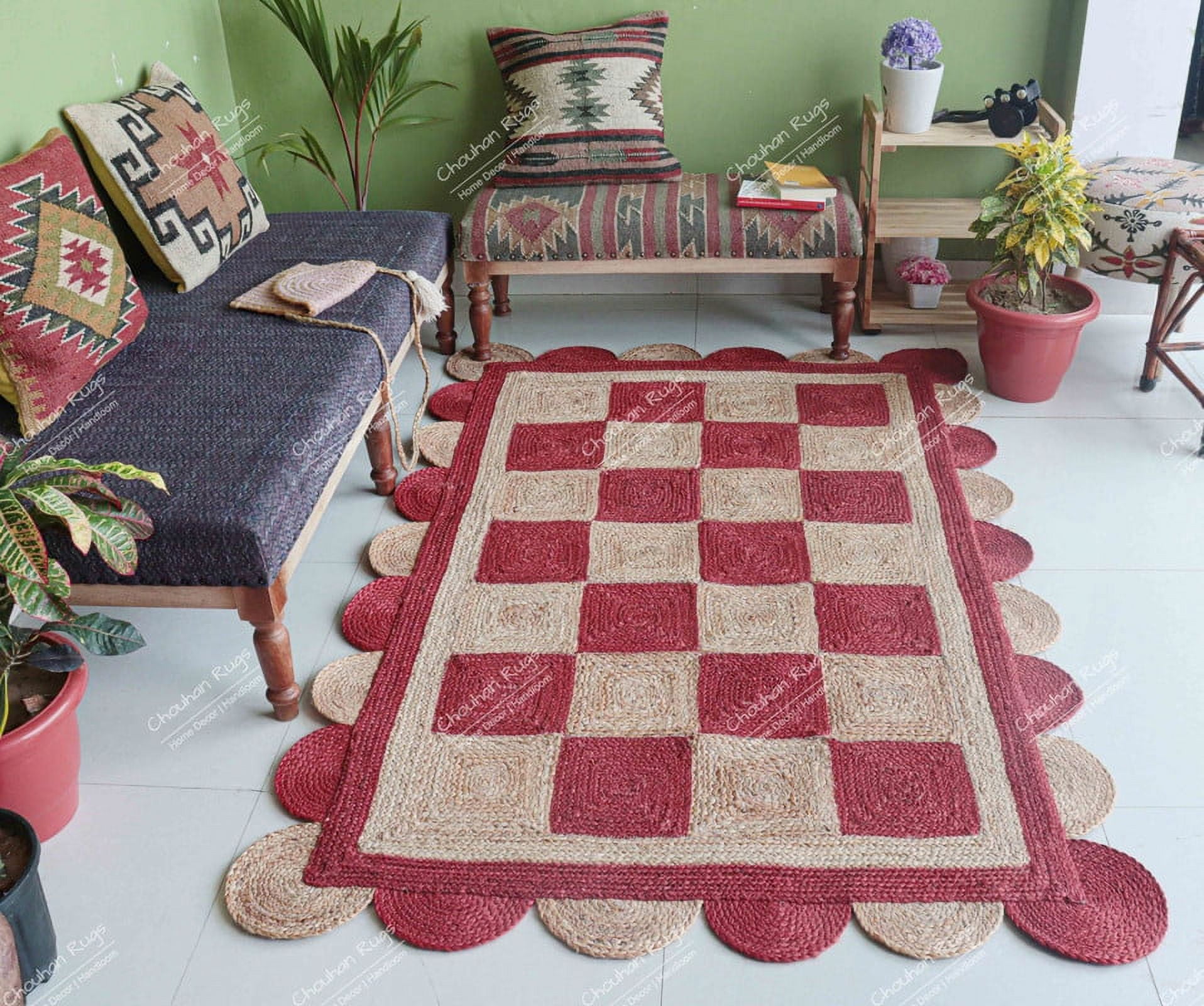 Chouhan Rugs Natural Jute Scalloped Box Design Rug Bohemian Rug Decor ...