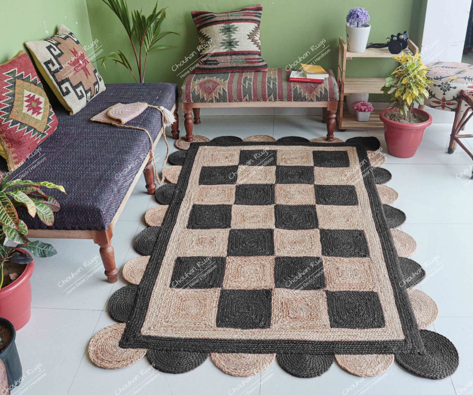 Chouhan Rugs Natural Jute Scalloped Box Design Rug Bohemian Rug Decor ...