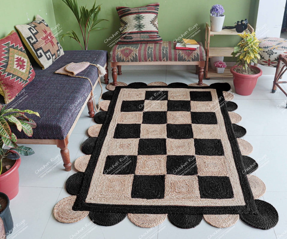 Chouhan Rugs Natural Jute Scalloped Box Design Rug Bohemian Rug Decor ...