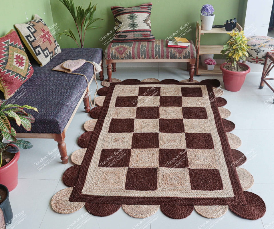 Chouhan Rugs Natural Jute Scalloped Box Design Rug Bohemian Rug Decor ...