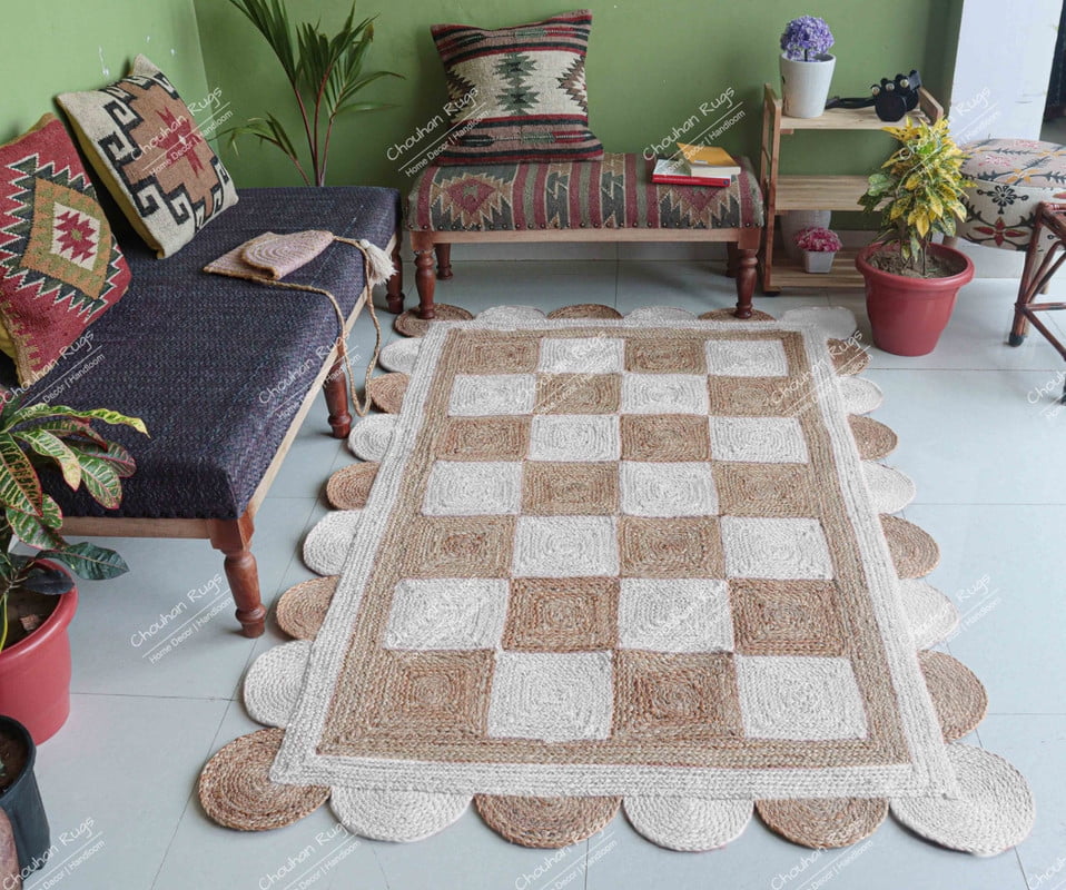 Chouhan Rugs Natural Jute Scalloped Box Design Rug Bohemian Rug Decor ...