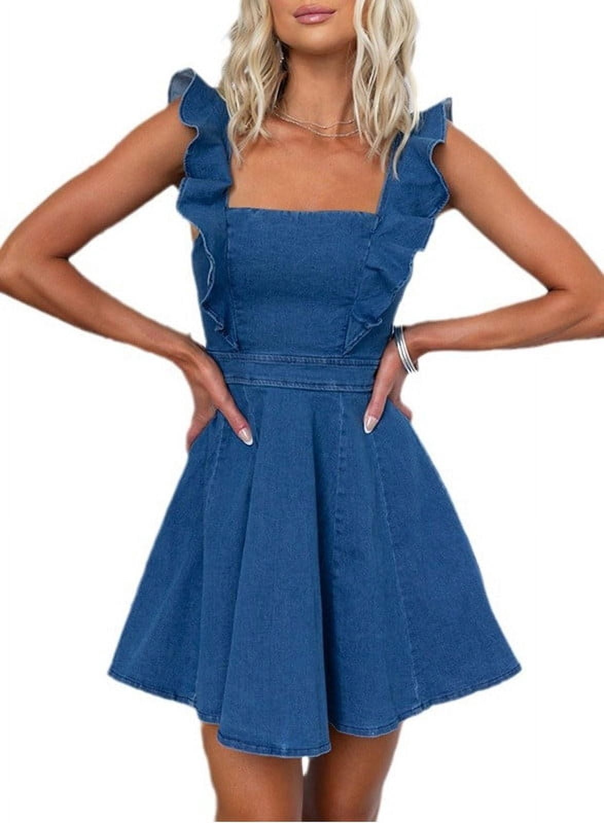 Chouyatou Denim Dress for Women Ruffle Adjustable Strap Sleeveless ...