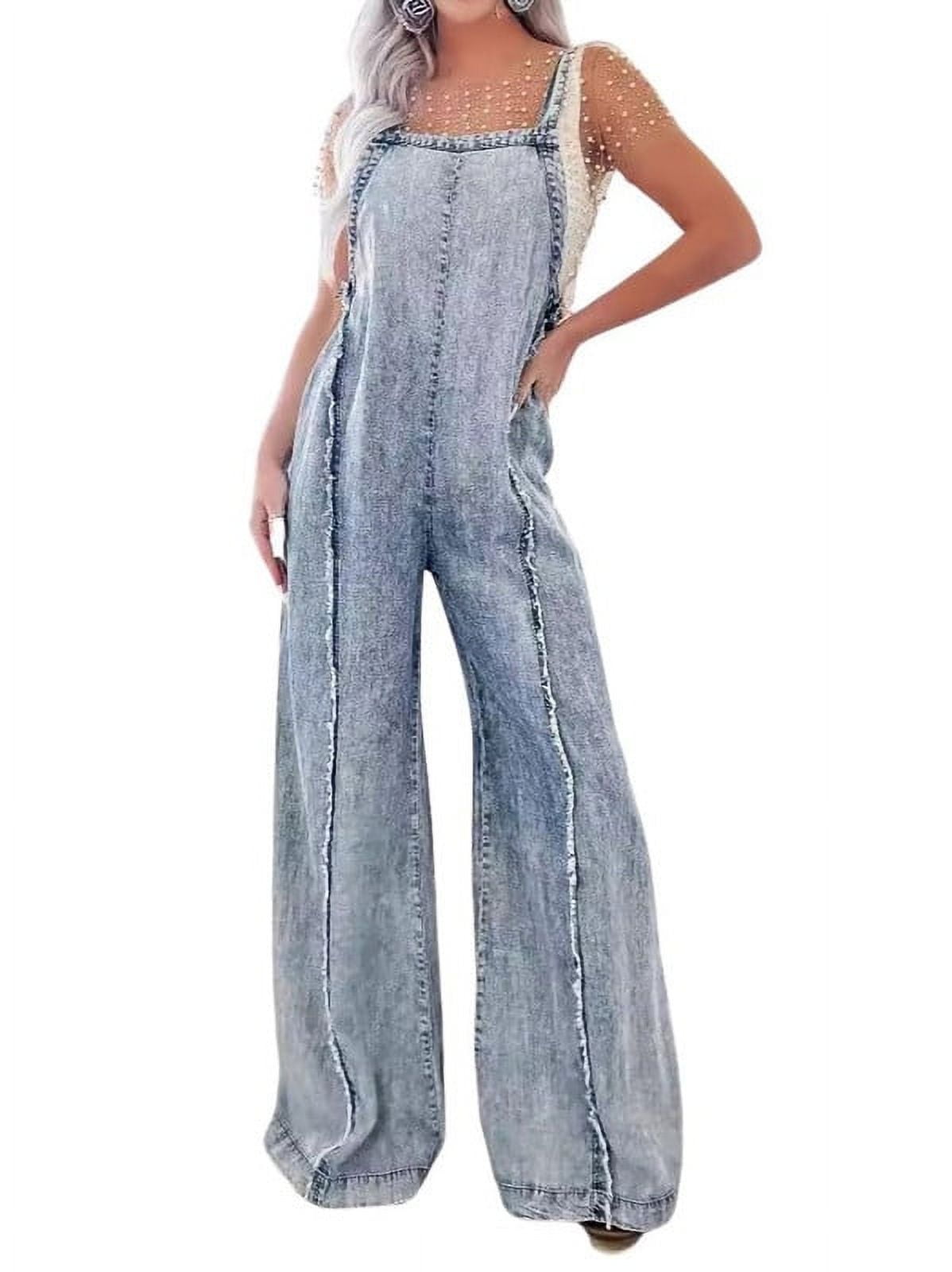 Chouyatou Denim Overalls for Women Casual Adjustable Straps Wide Leg ...