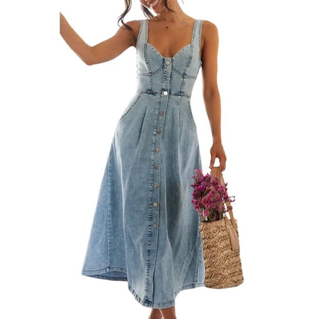 Chouyatou Women Sleeveless Button Down Slim Fit Midi Jean Denim Dresses ...