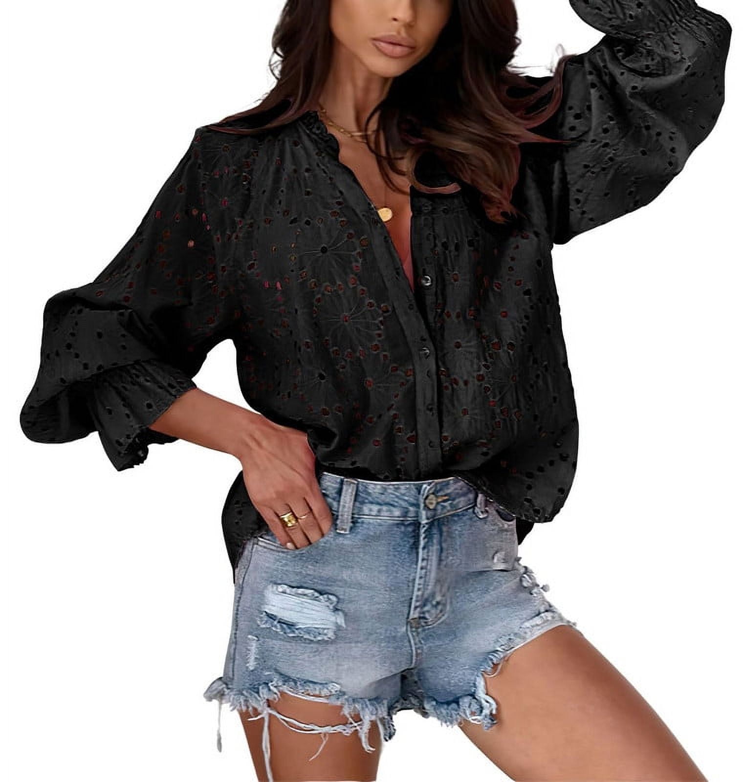 Datmelove Women's Boho Crochet Shirts Lantern Sleeve Button Down Lace ...