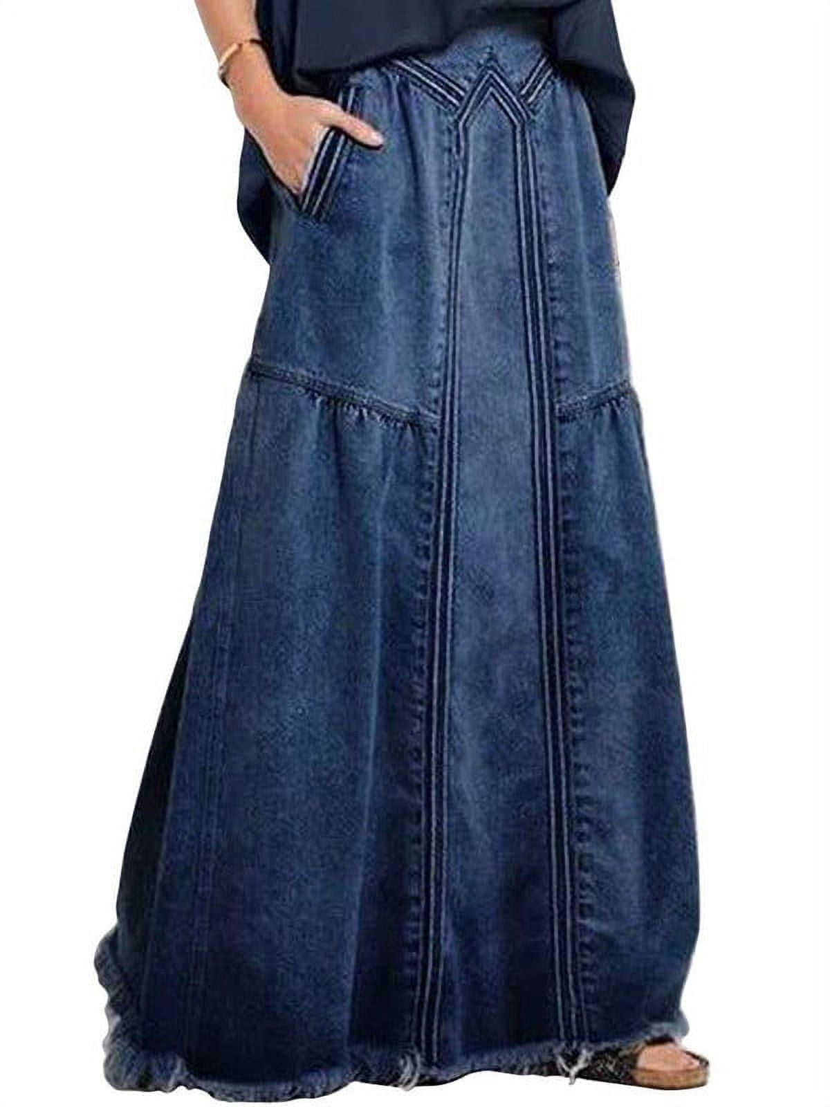 Chouyatou Women's Elastic Waist Frayed Hem Maxi Denim Skirt, Casual ...