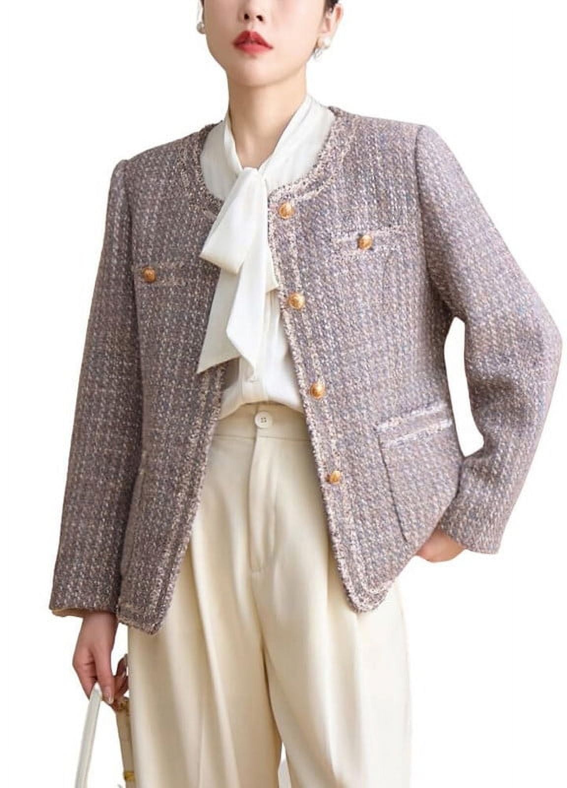 Chouyatou Women's Elegant Houndstooth Tweed Jacket Button Down Fringed ...