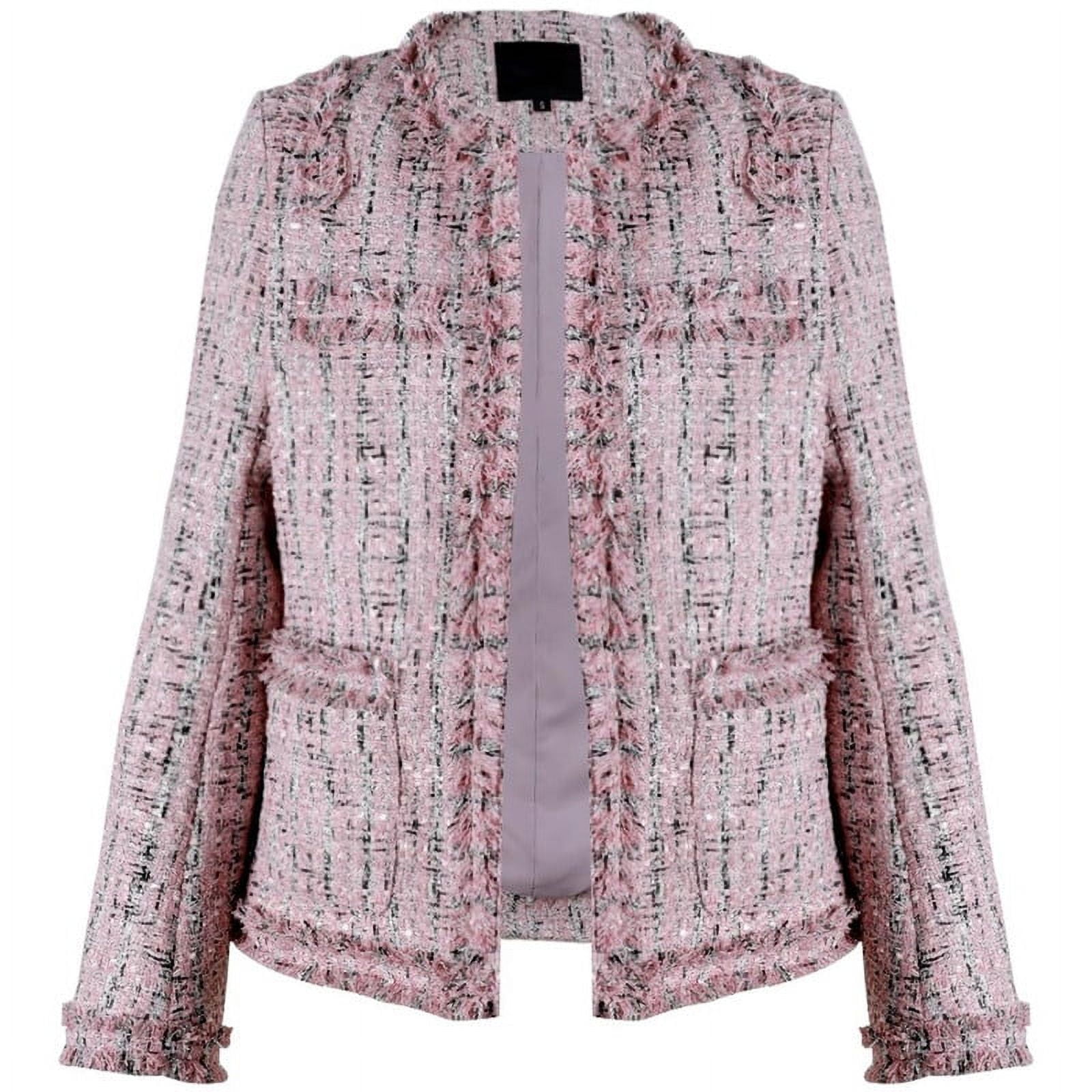 Chouyatou Women's Pink Tweed Plaid Jacket, Fringed, Slim Fit, Large ...