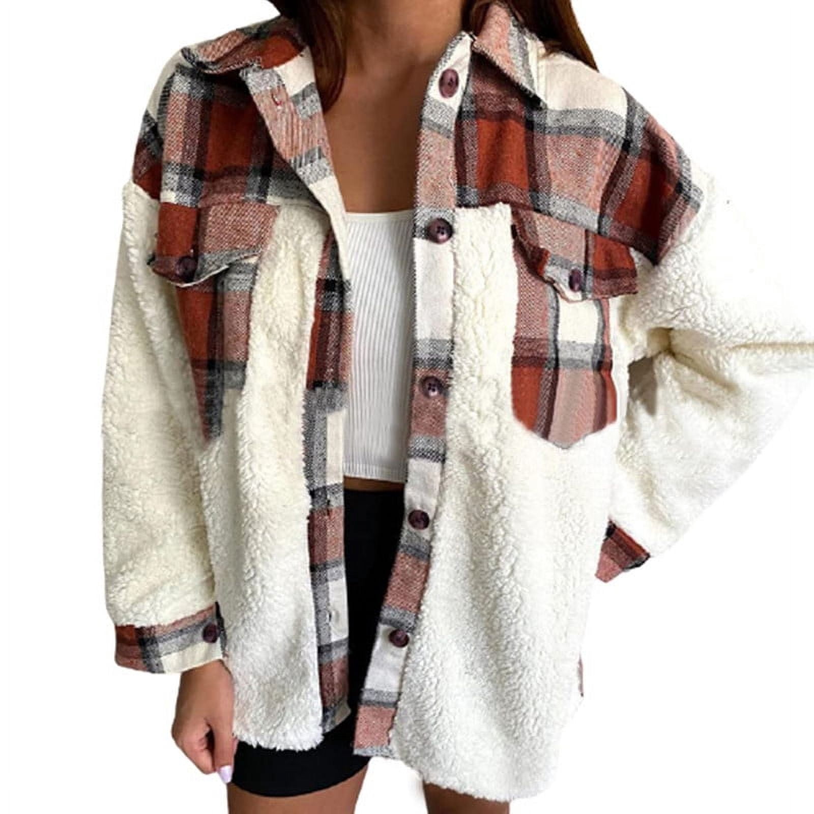Chouyatou Women's Flannel Button Down Fleece Jacket Fall Fuzzy Plaid ...