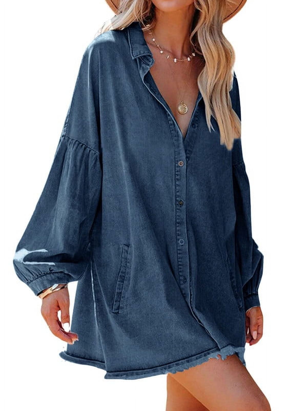 Chouyatou Women's Oversized Distressed Denim Button Down Tunic Shirt ...