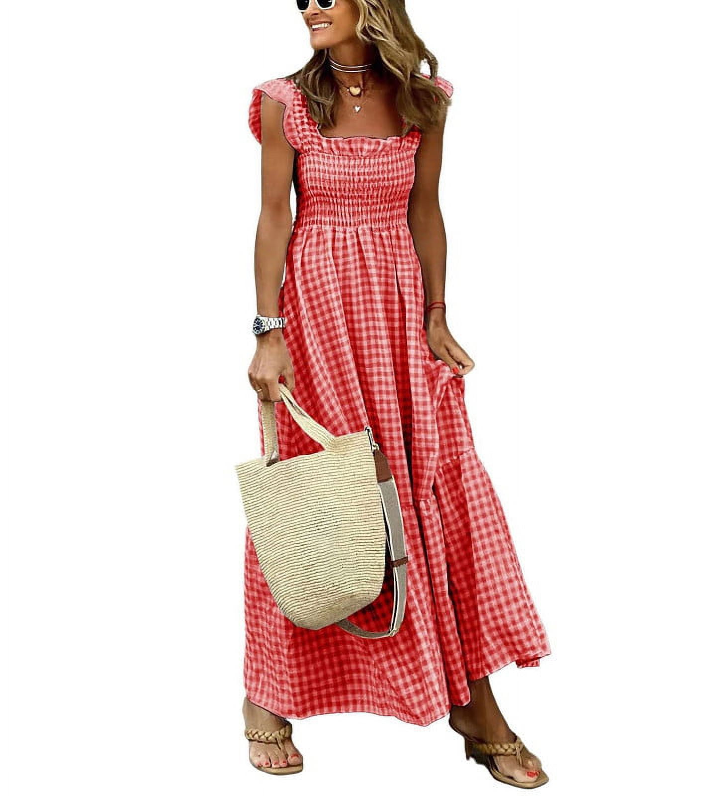 Chouyatou Women's Retro Plaid Smocked Dress Spaghetti Strap Flounce ...