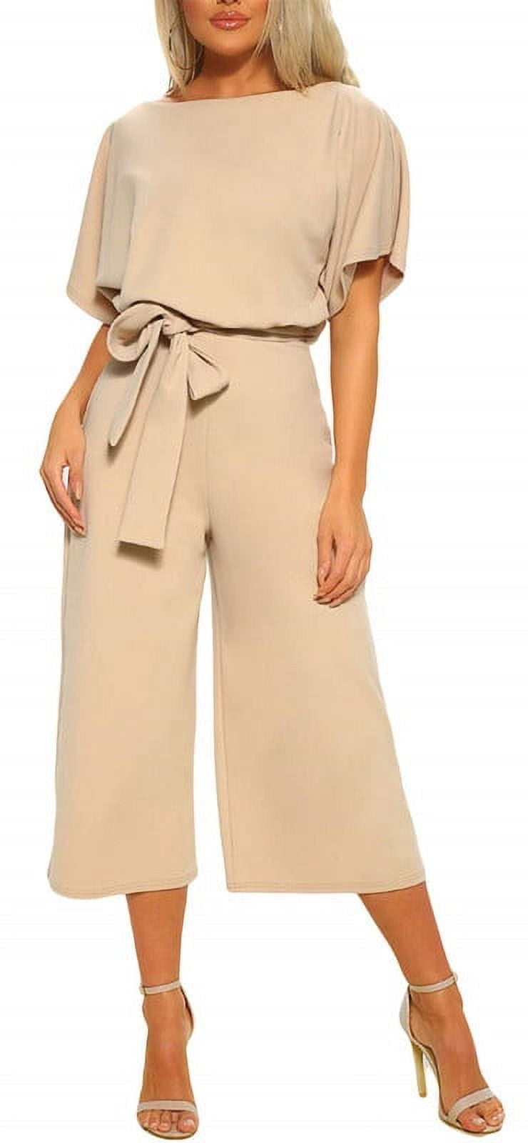 Chouyatou Women's Short Sleeve Bow Tie Wide Leg Cropped Capri Romper ...