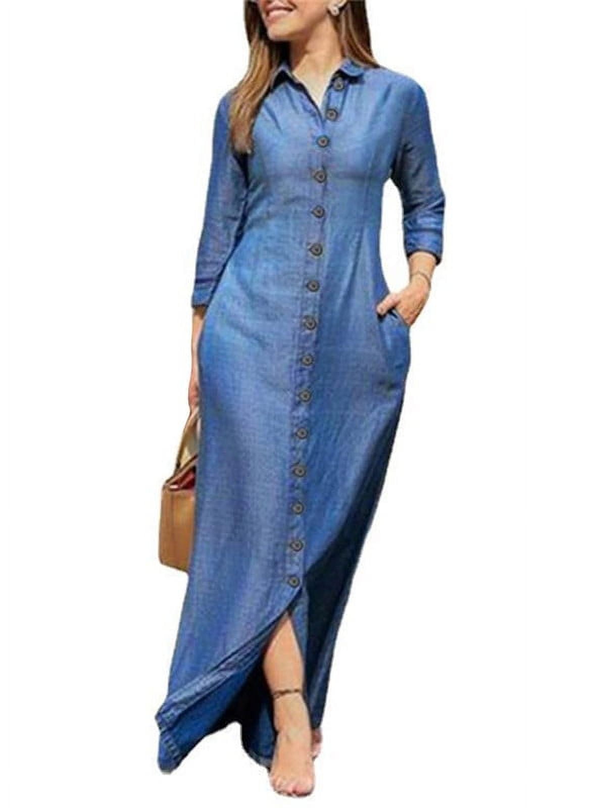 Chouyatou Womens Casual Button Down Denim Maxi Dress Lapel Long Sleeve ...