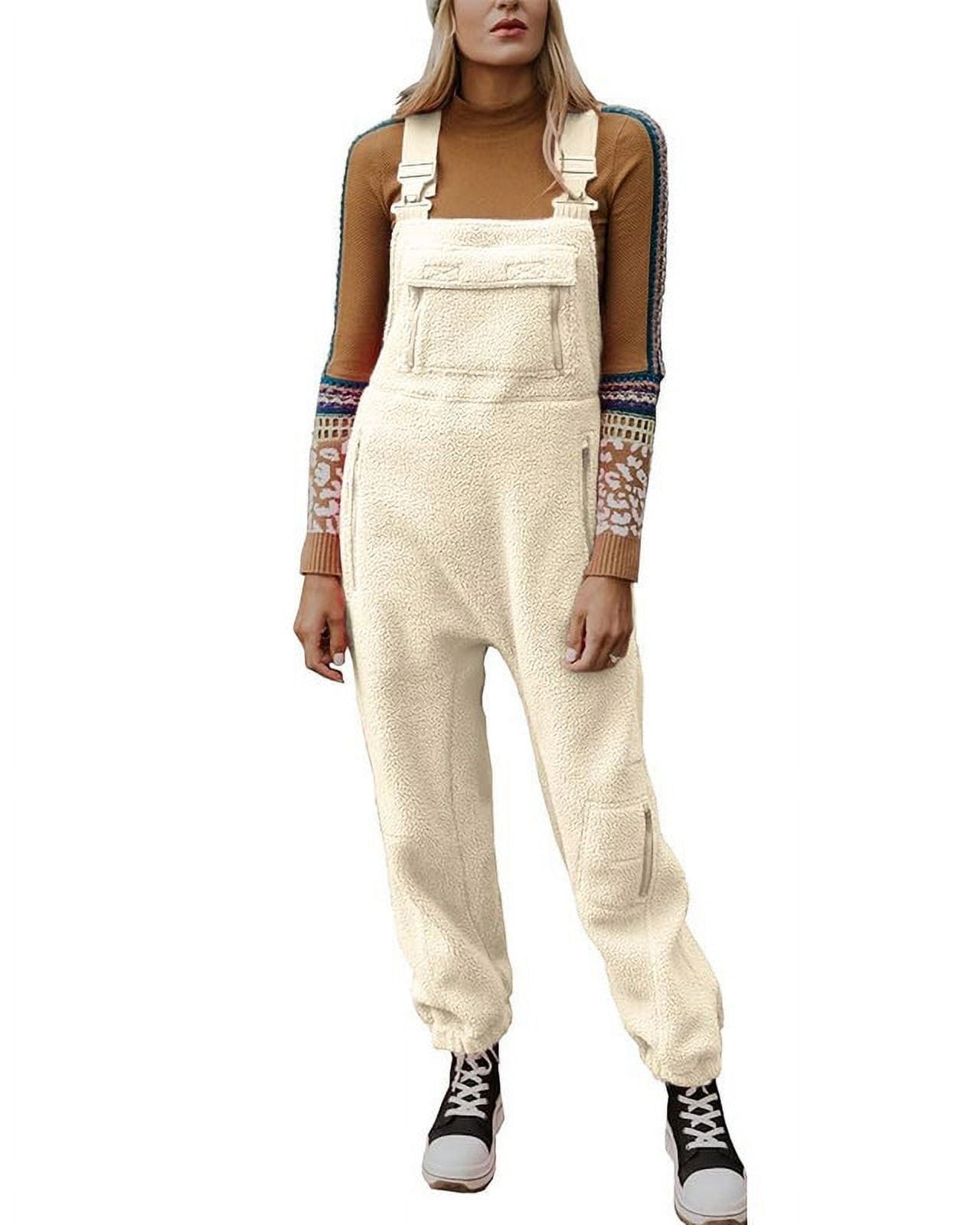 Chouyatou Womens Fuzzy Fleece Overall Jumpsuits Casual Loose Fit Winter ...