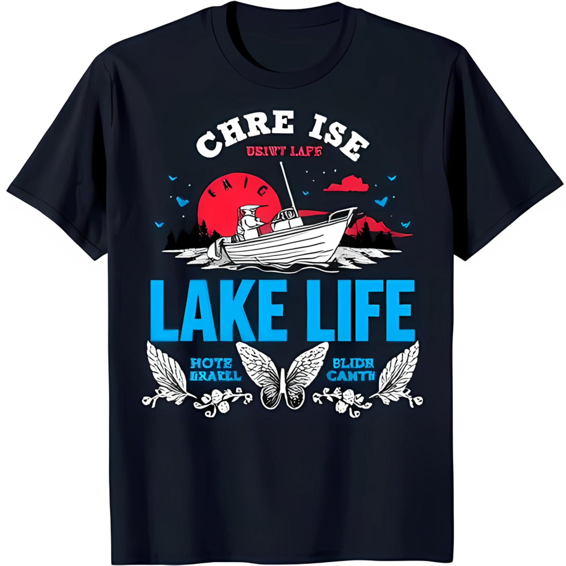 Chre Ise Lake Life Graphic Tee Dark Blue Boat Sunset Design with ...