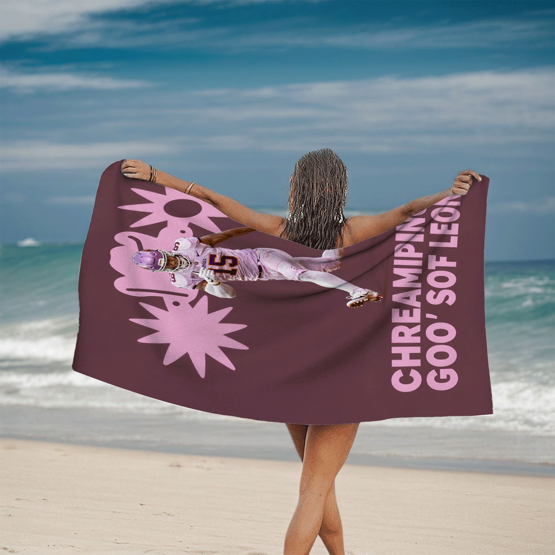 Chreampiings Beach Towel - Vibrant Maroon with Abstract Pink Design ...