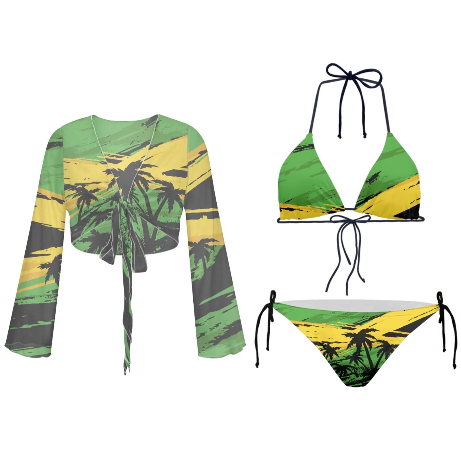 Chririnla 3Piece Artistic Jamaican Flag Triangle Bathing Suit Palm Tree ...