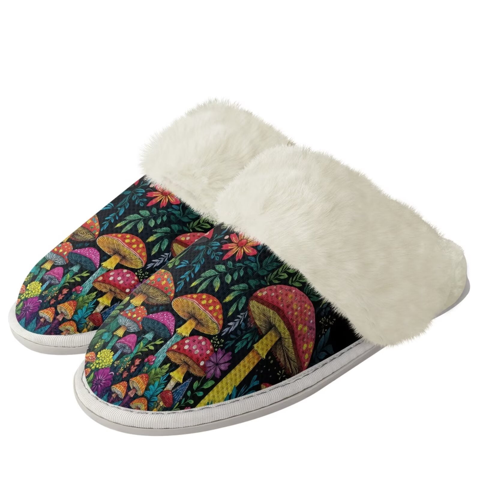 Chririnla Aesthetic Botanical Mushroom Fuzzy Slippers Women Closed Toe ...