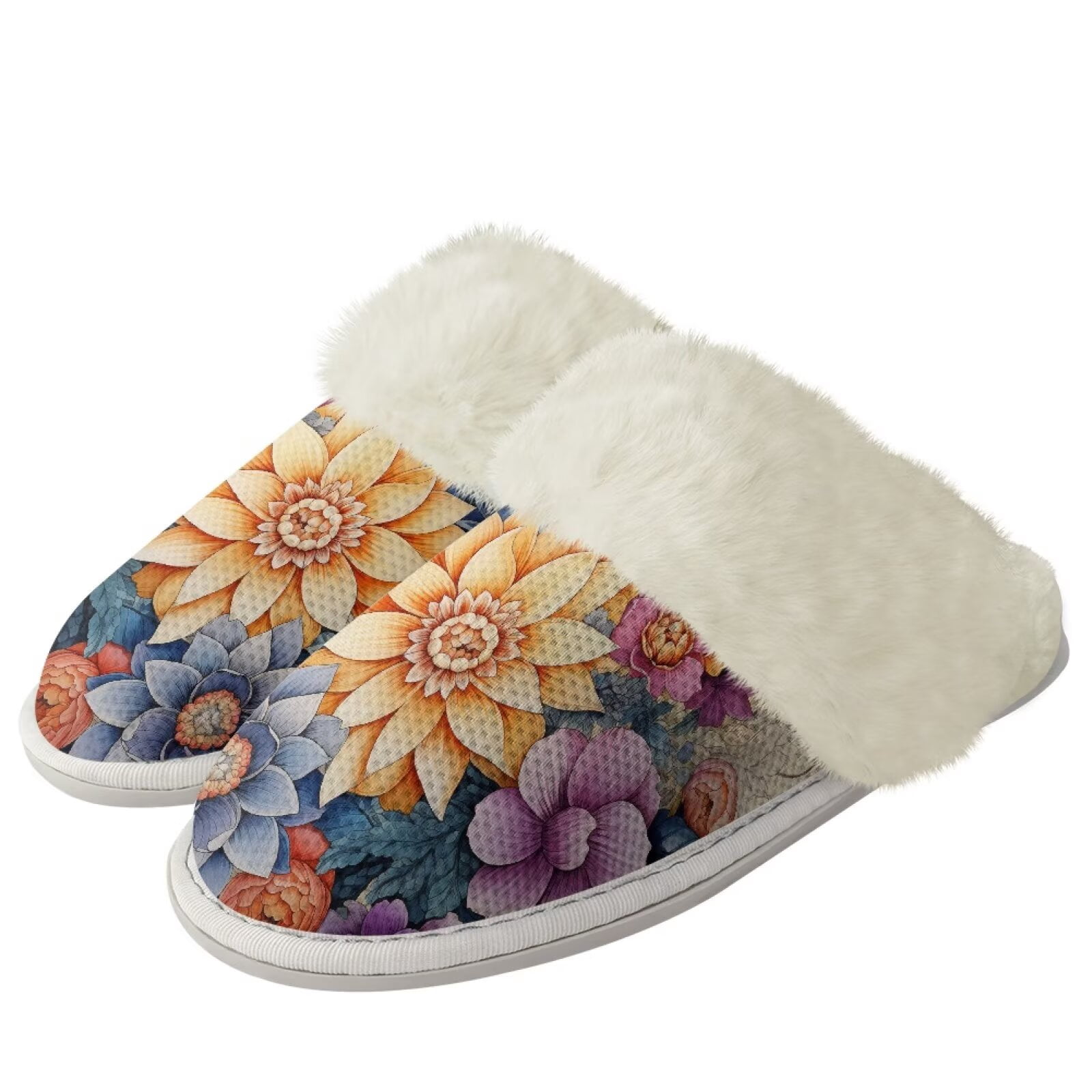 Chririnla Aesthetic Flowers Print Plush House Slippers for Women Warm ...