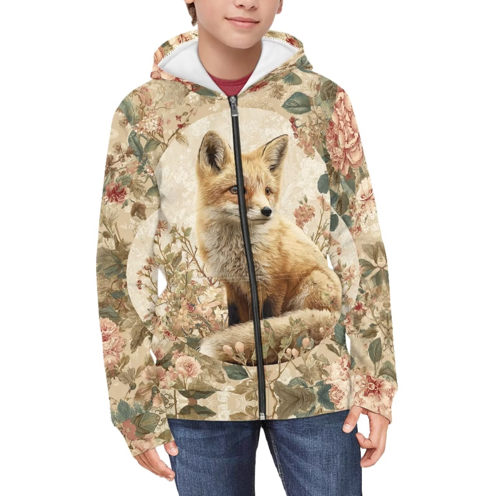 Chririnla Art Flowers Fox Boys Youth Sports Jacket Hoodie Zip Up Long ...