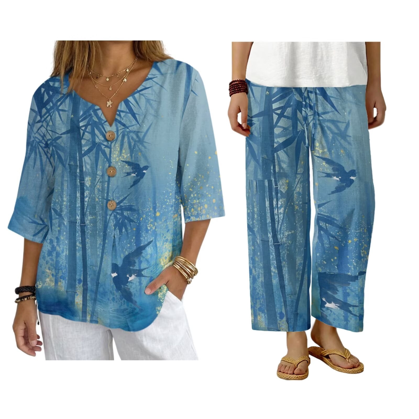 Chririnla Bird Lounge Sets for Women Fashion 2026 Two Piece Linen Pants ...