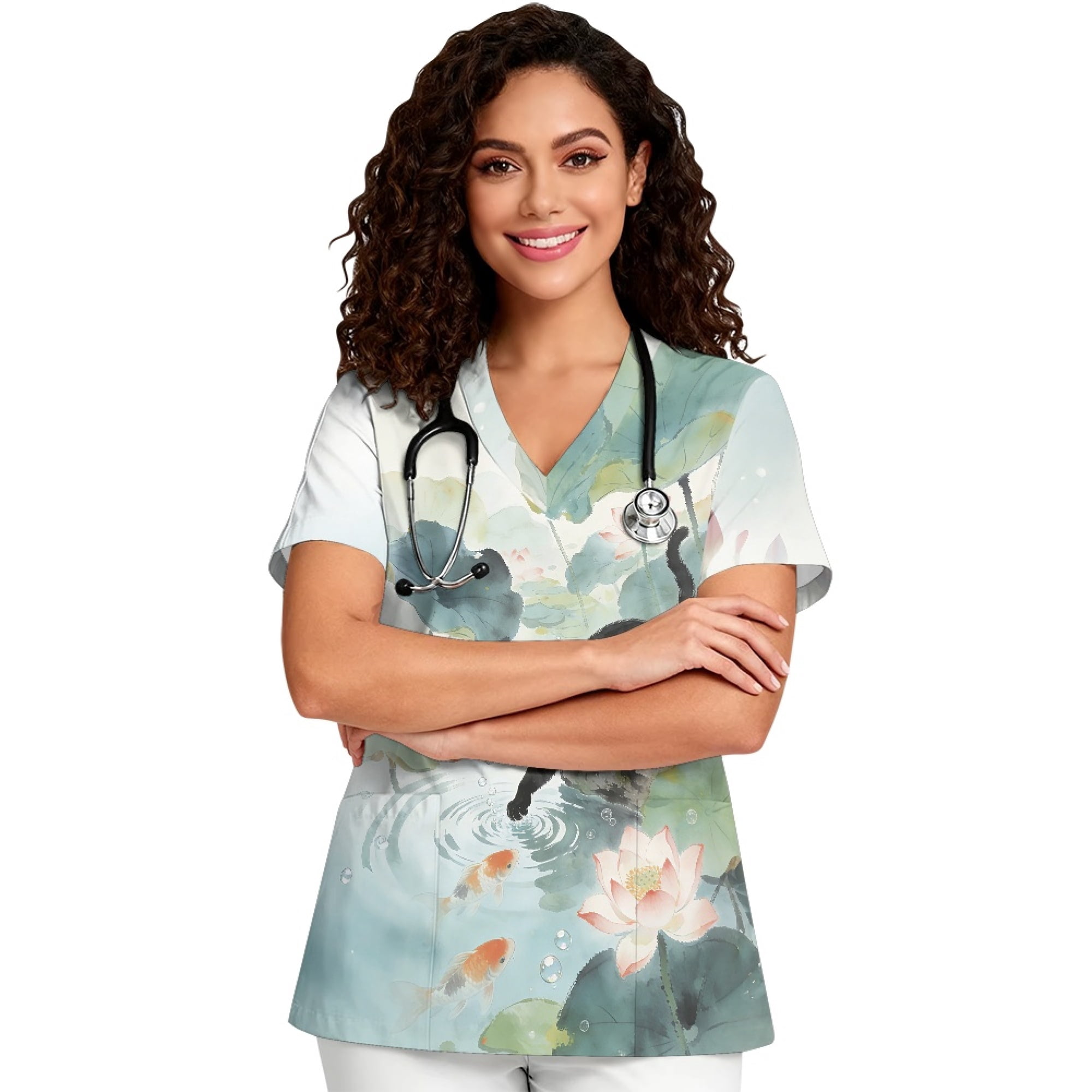 Chririnla Black Cat Print Scrubs for Women Lotus Flower V Neck Scrub ...