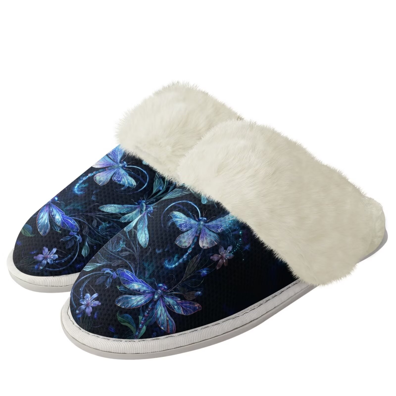 Chririnla Blue Plush House Shoes for Women Dragonfly Print Fuzzy House ...