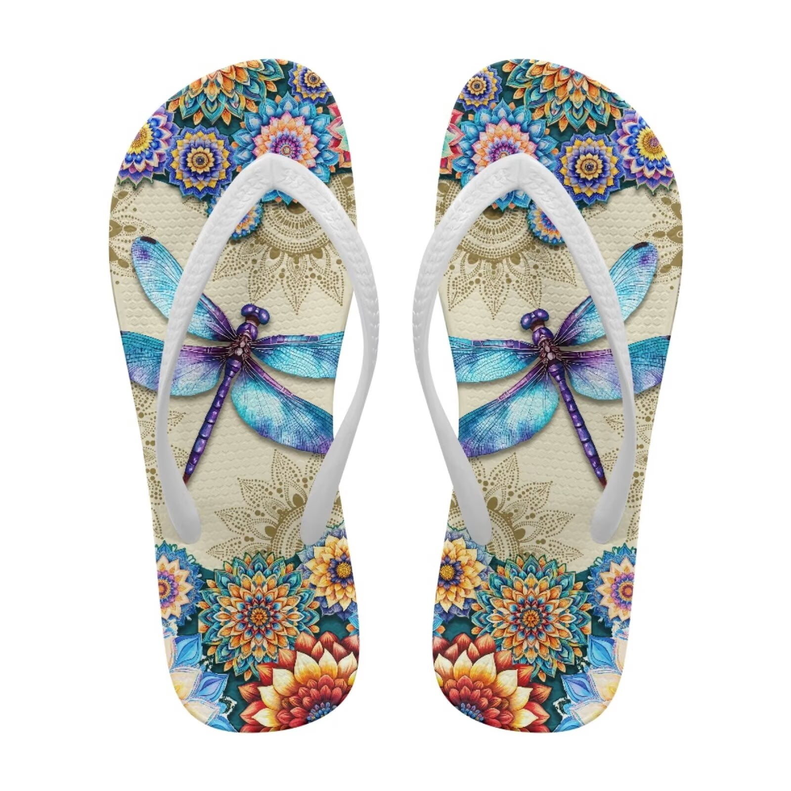 Chririnla Boho Flower Dragonfly Print Flip Flops for Women Non-Slip ...