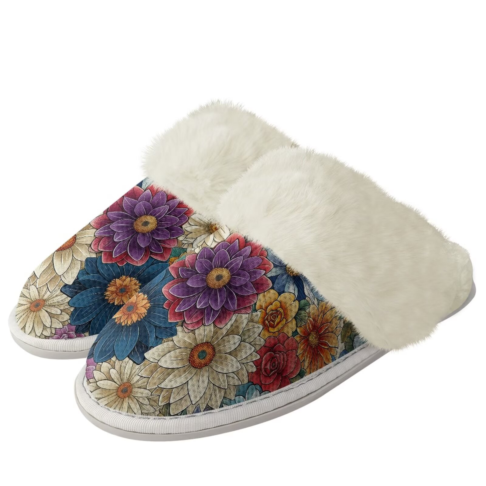 Chririnla Boho Flower Print Fuzzy Slippers Women Fuzzy House Slippers ...