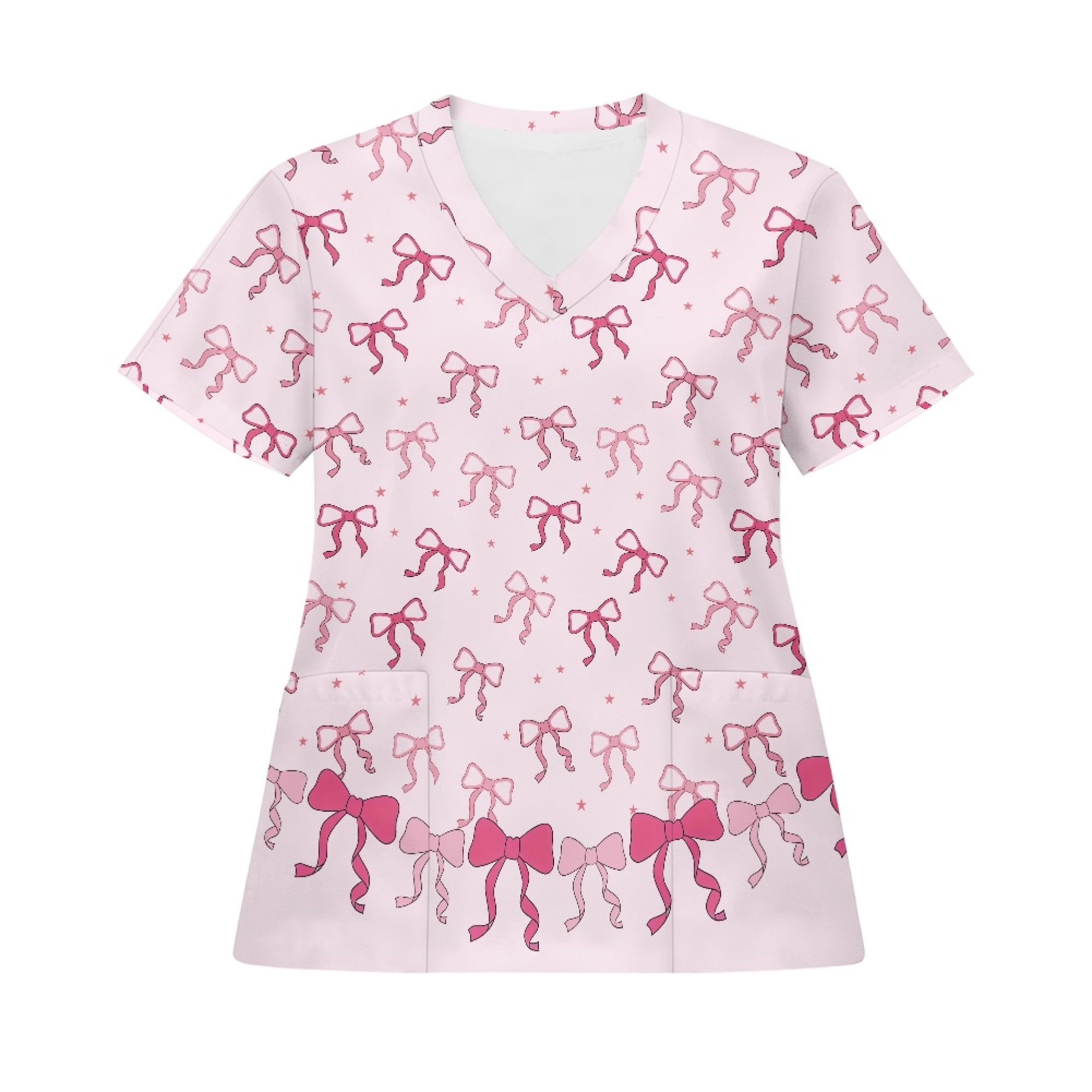 Chririnla Bow Print Scrub Tops for Women Soft Stretch V-Neck Short ...