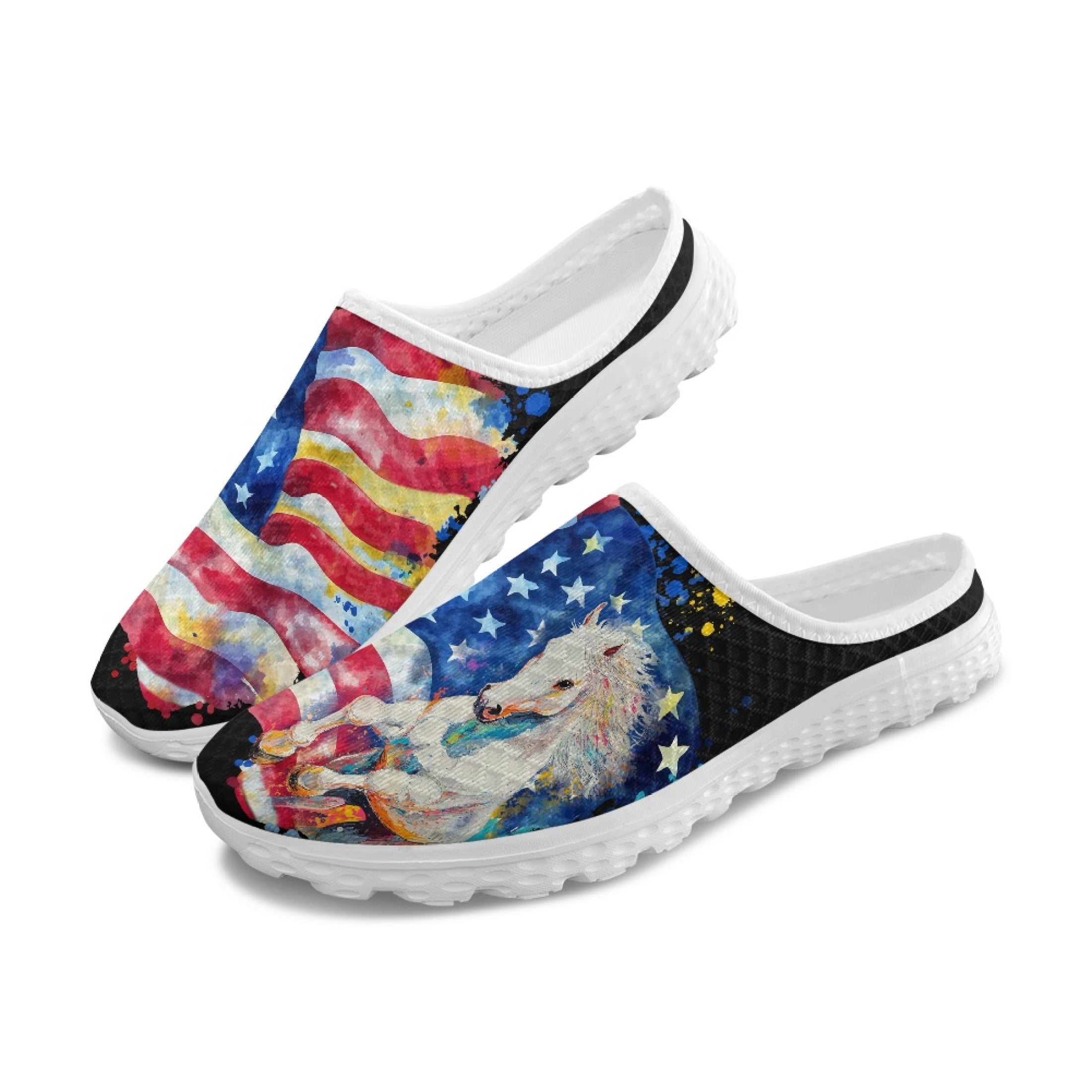 Chririnla Breathable Mesh Slip On Mules - American Flag Horse Print ...