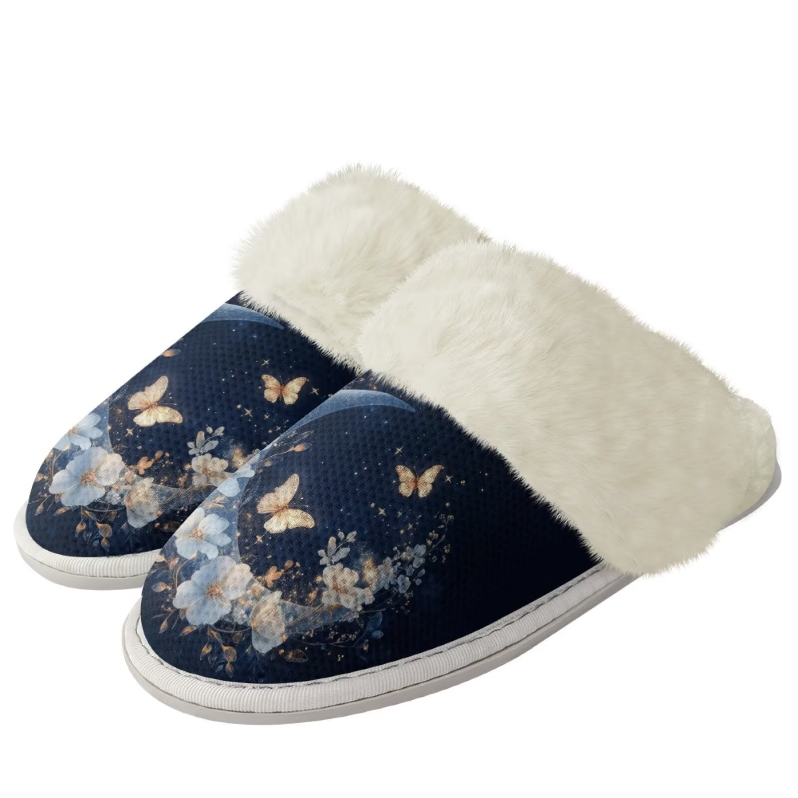 Chririnla Butterfly Floral Print Cotton Slippers with Fur Edges Fuzzy ...
