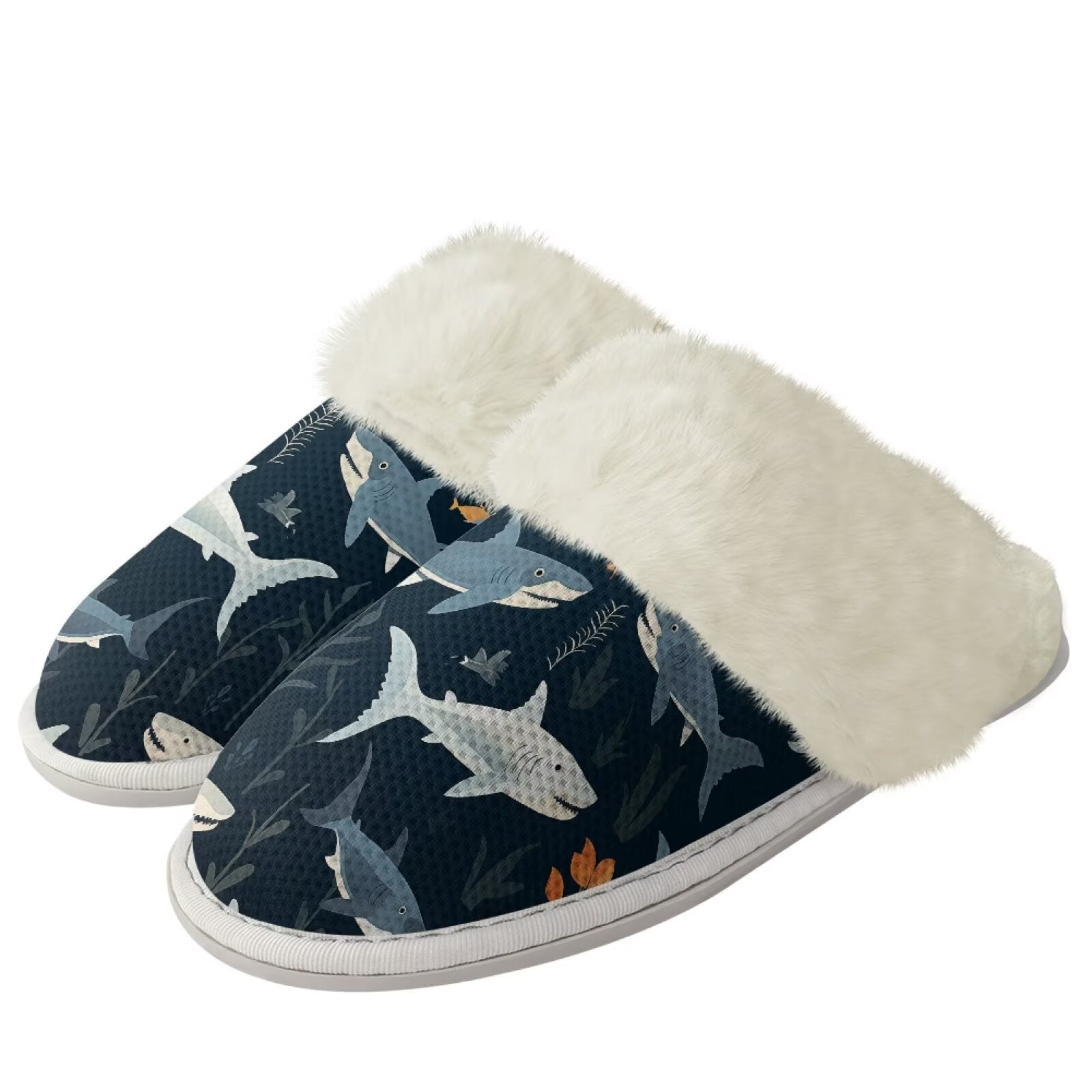 Chririnla Cartoon Shark Fuzzy Slippers Women Warm Blue Plush House ...