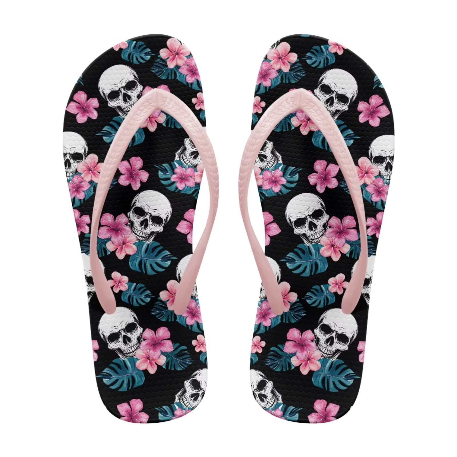 Chririnla Casual Flip Flops for Women Bathroom Tropical Skull Hibiscus ...