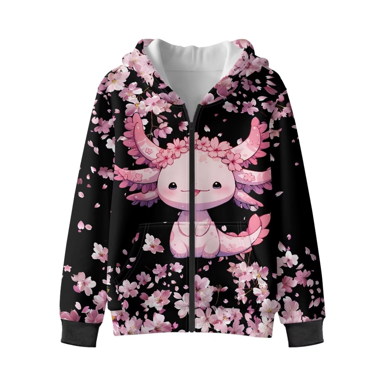 Chririnla Cherry Blossom Cartoon Axolotl Fuzzy Zip Up Jacket for Girls ...