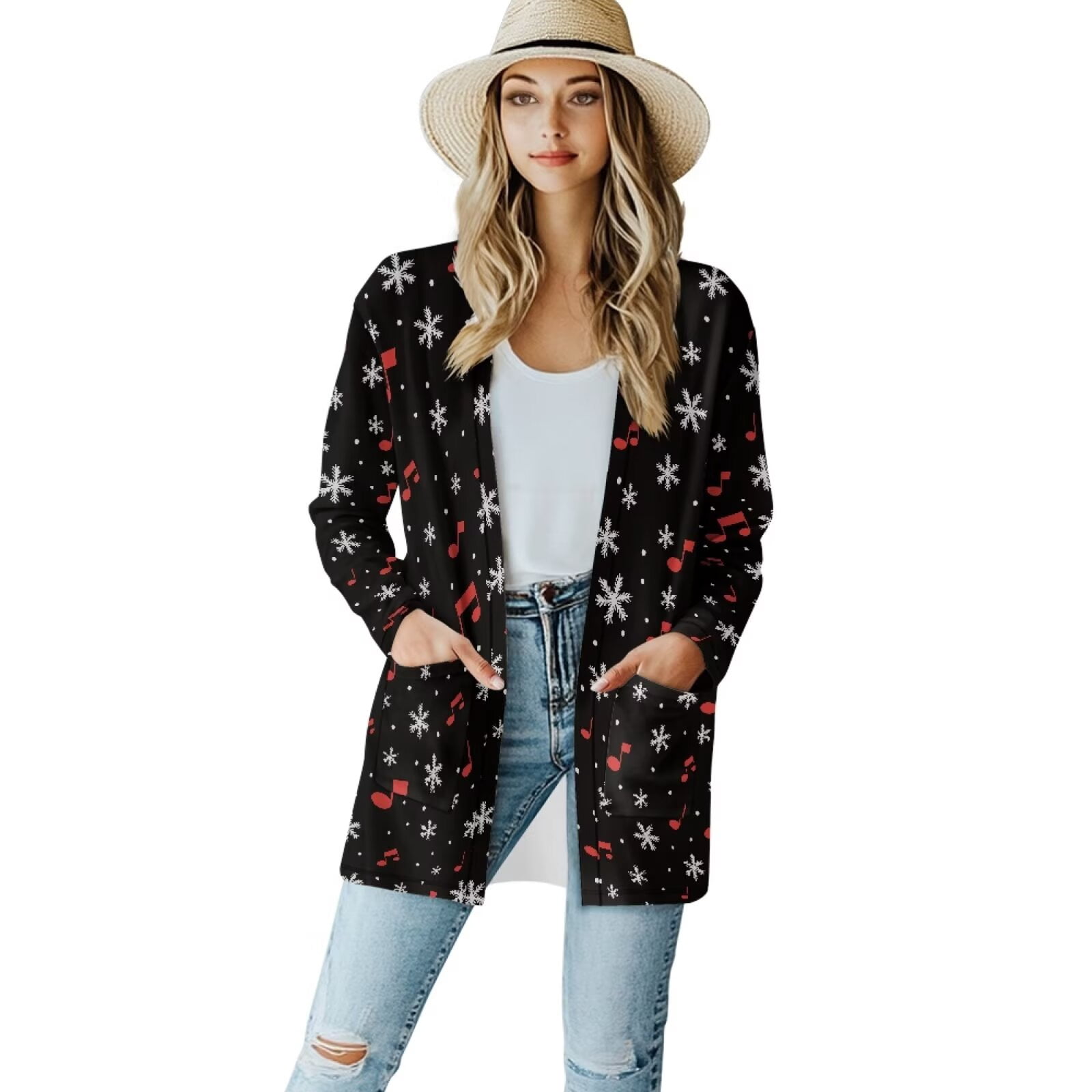 Chririnla Christmas White Snowflakes Red Music Notes Cardigan Jackets ...