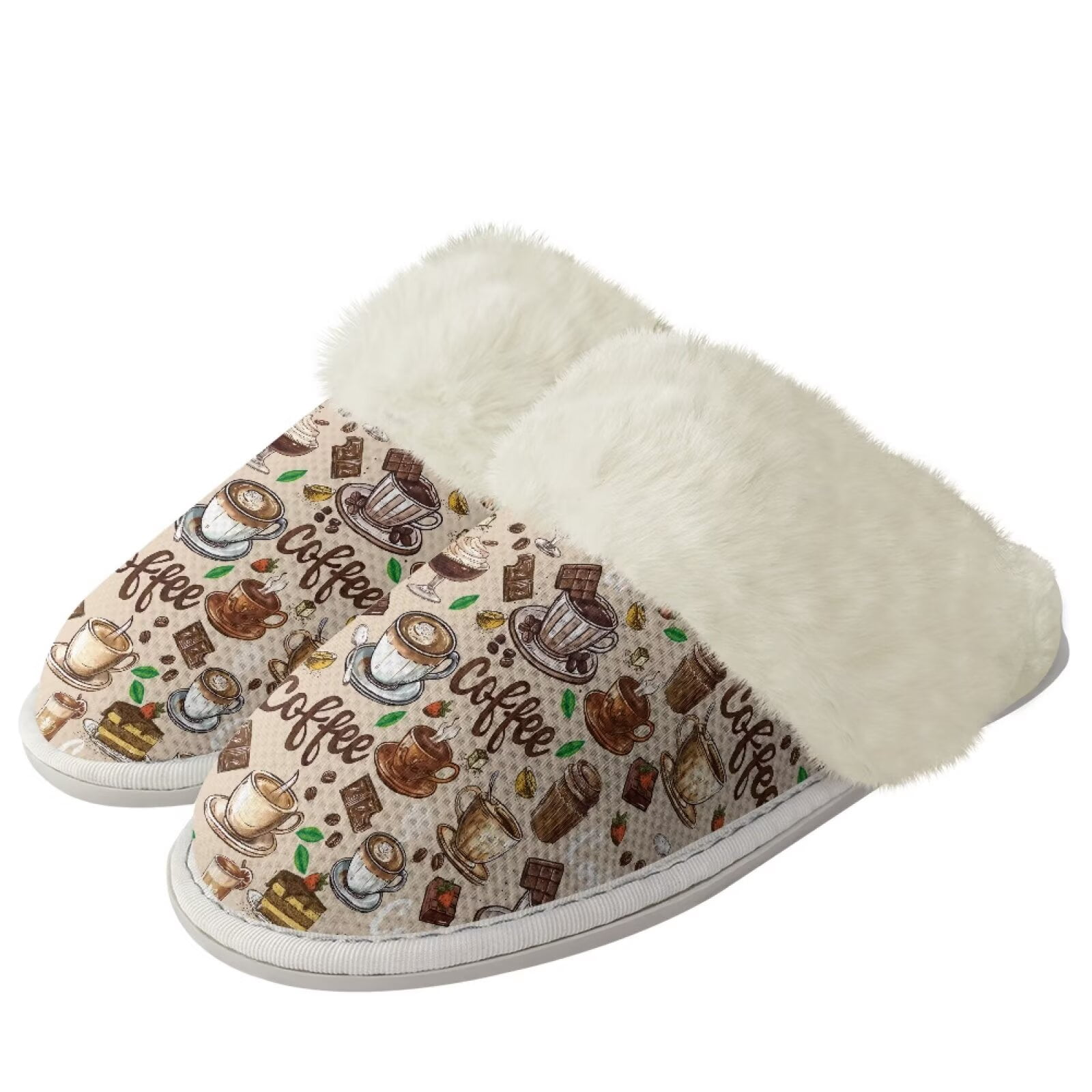Chririnla Coffee Print Plush Slippers for Women Indoor Warm Novelty ...