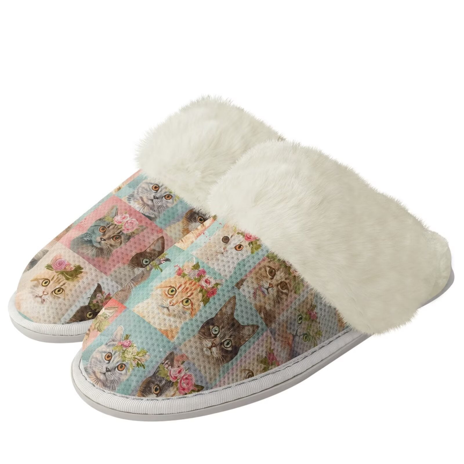 Chririnla Colorful Plaid Cats Cotton Home Slippers Women Warm Plush ...
