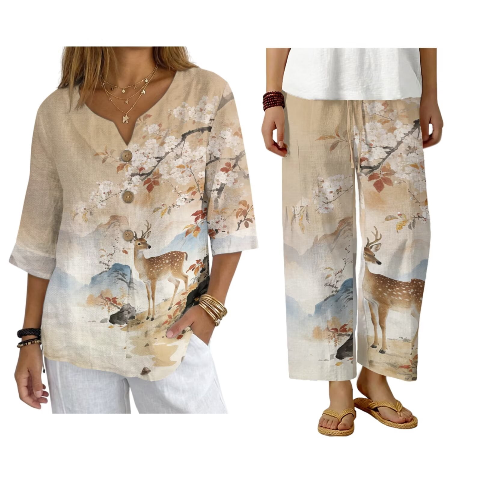 Chririnla Deer Print 2Piece Linen Clothes Womens 3/4 Sleeve Button Down ...