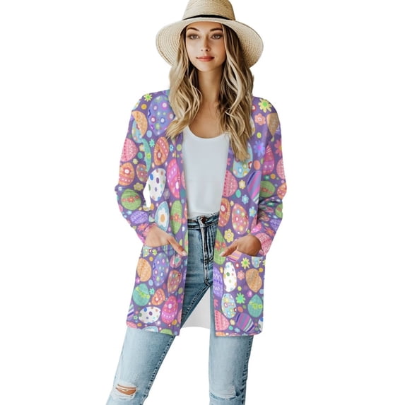 Chririnla Easter Purple Eggs Floral Cardigans Open Front Long Sleeve ...