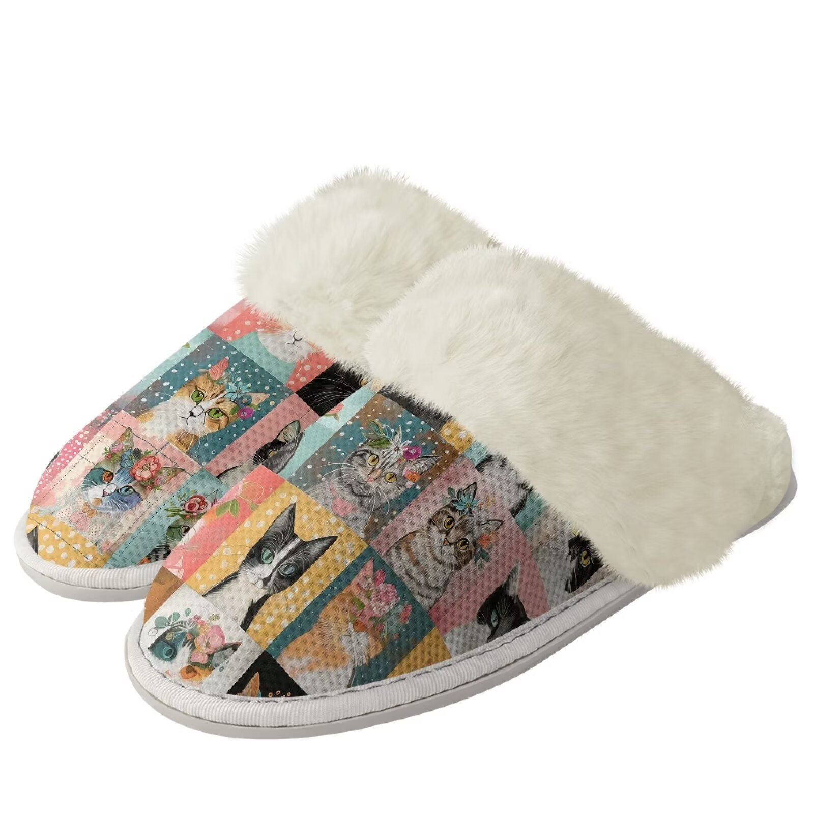 Chririnla Funny Cats Print Plush Slippers for Women Indoor Colorful ...