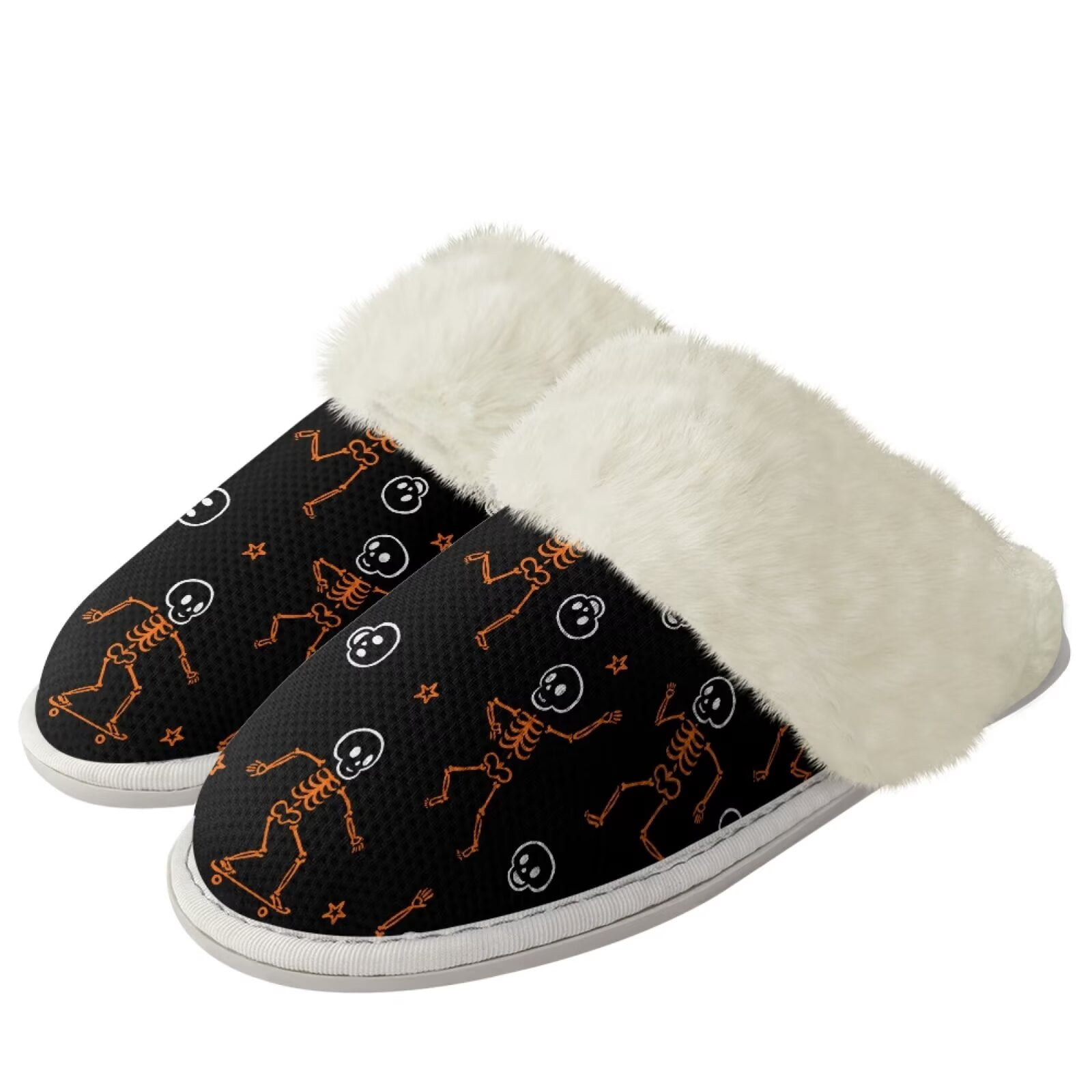 Chririnla Fuzzy House Shoes for Women Warm Orange Skull Bone Plush ...