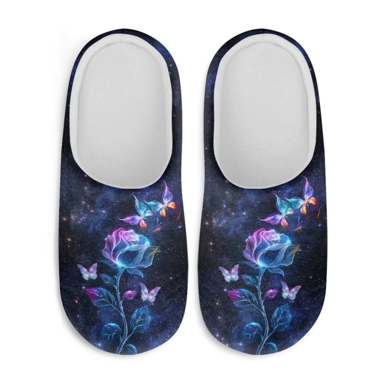Chririnla Galaxy Flower Butterfly Women's Bedroom Slippers Soft Plush ...