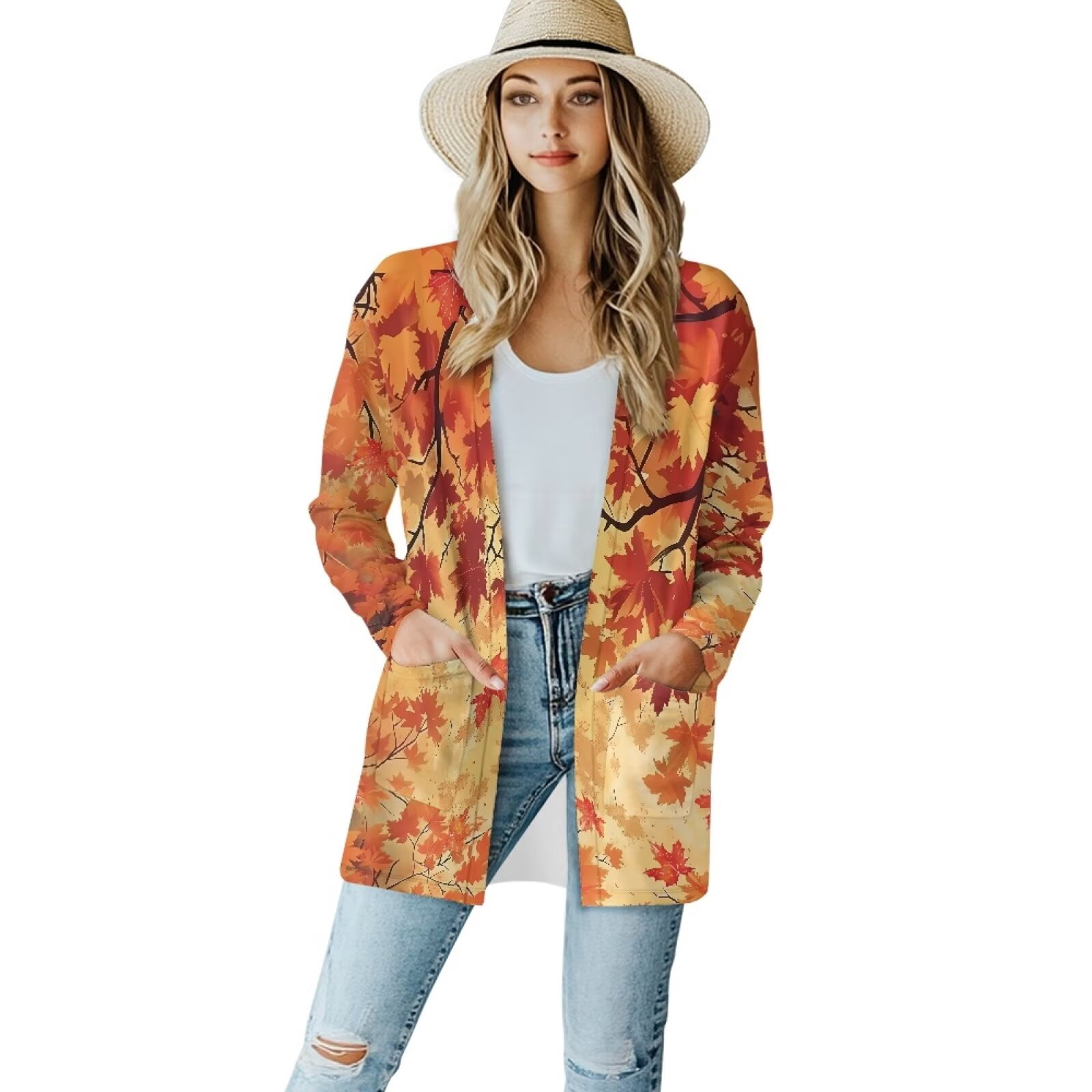 Chririnla Gold Maple Leaves Art Design Cardigan Sweaters for Women ...