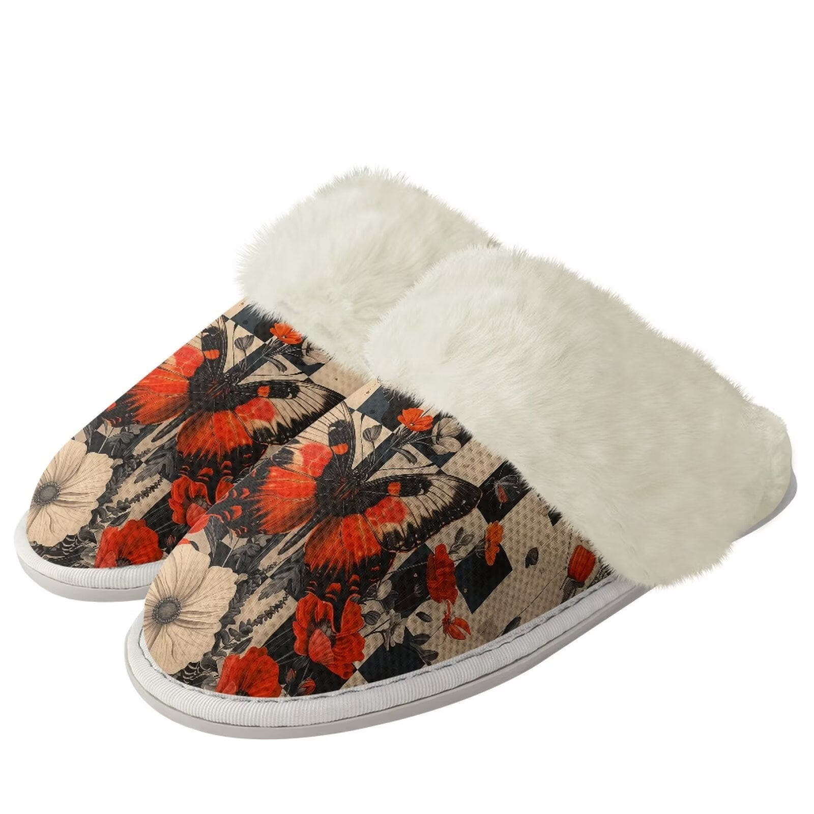 Chririnla Gradual Butterfly Print Plush Slippers for Women Warm Winter ...