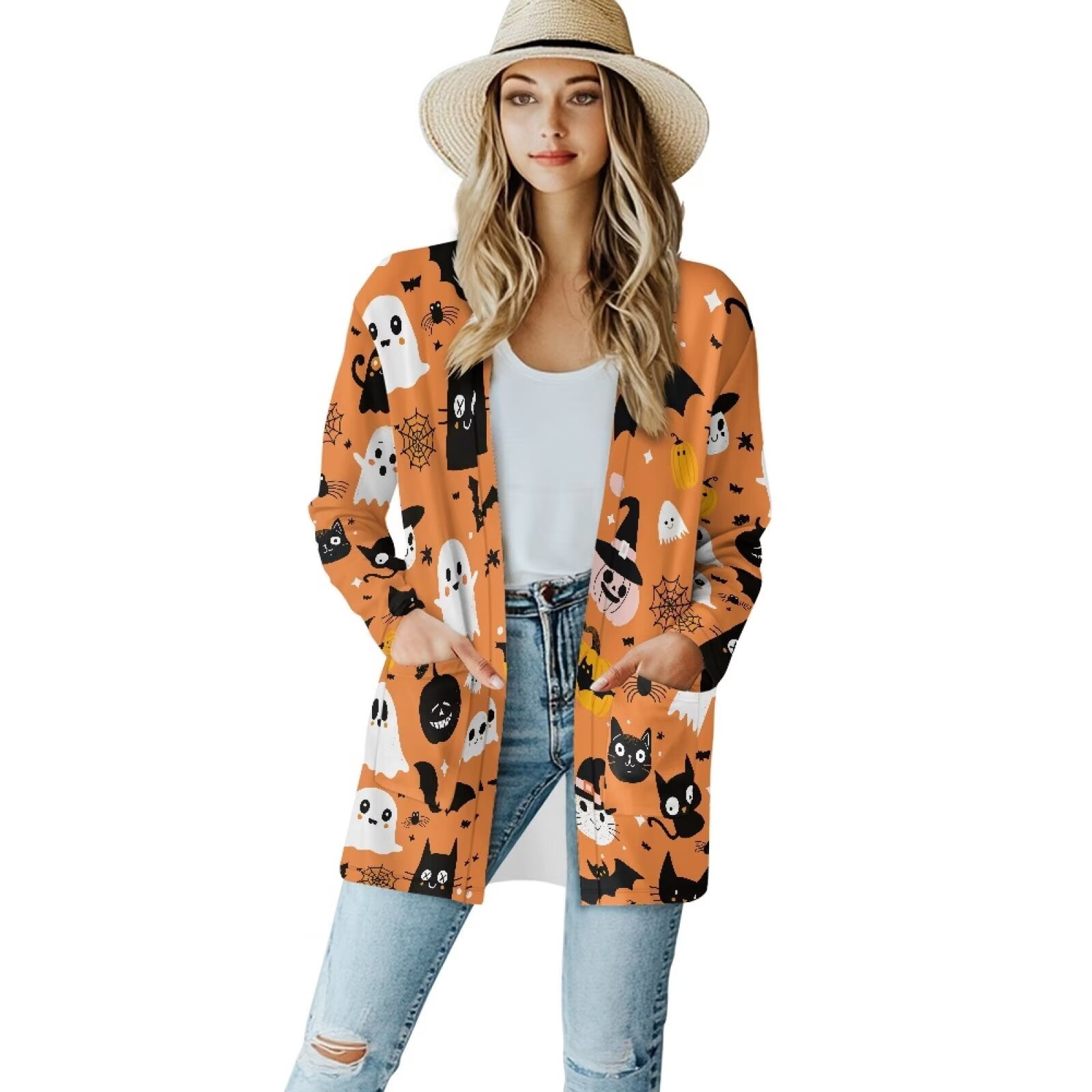 Chririnla Halloween Cartoon Ghosts Women's Cardigan Cat Pumpkin ...